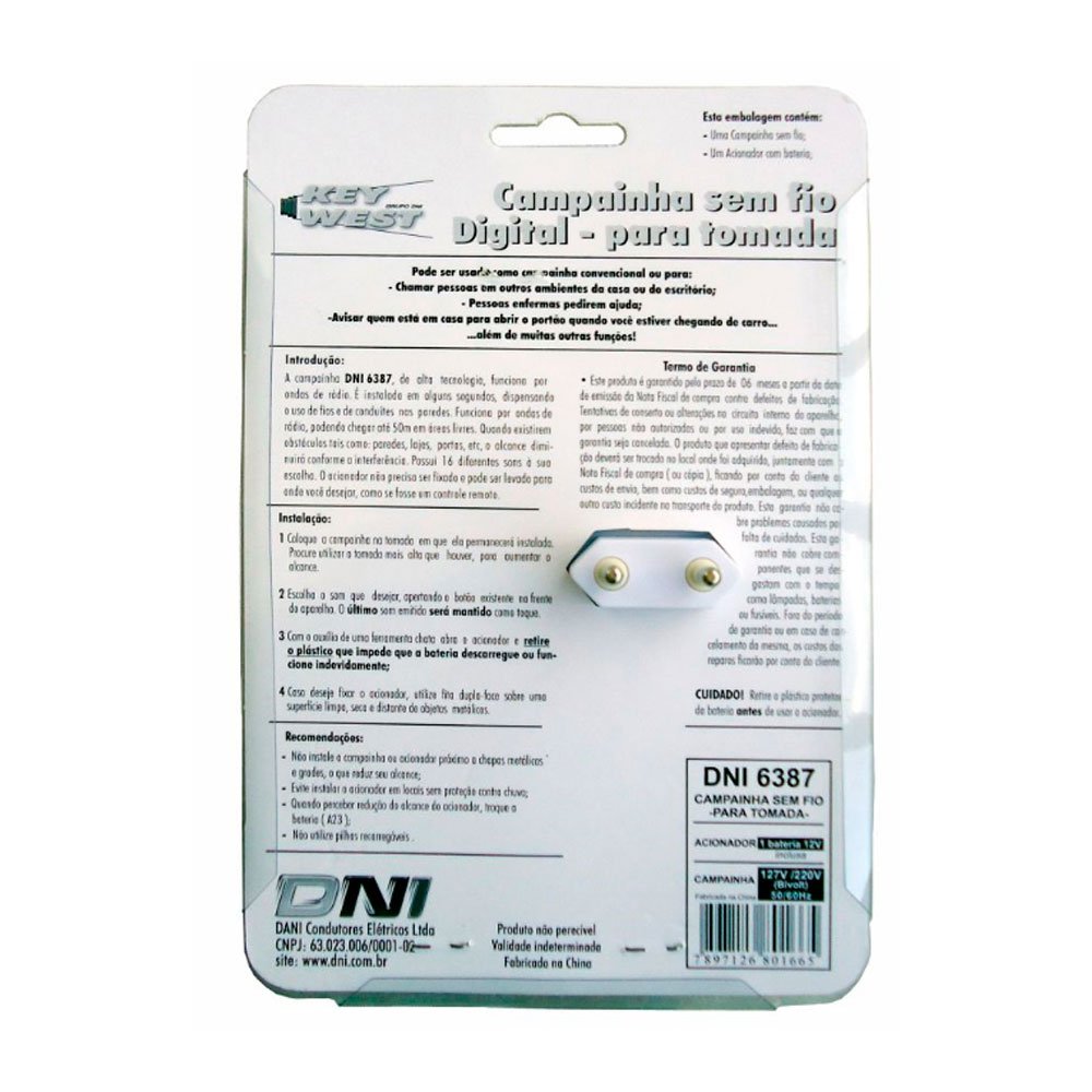 Campainha Sem Fio Bivolt DNI 6387 Key West – Multicasa